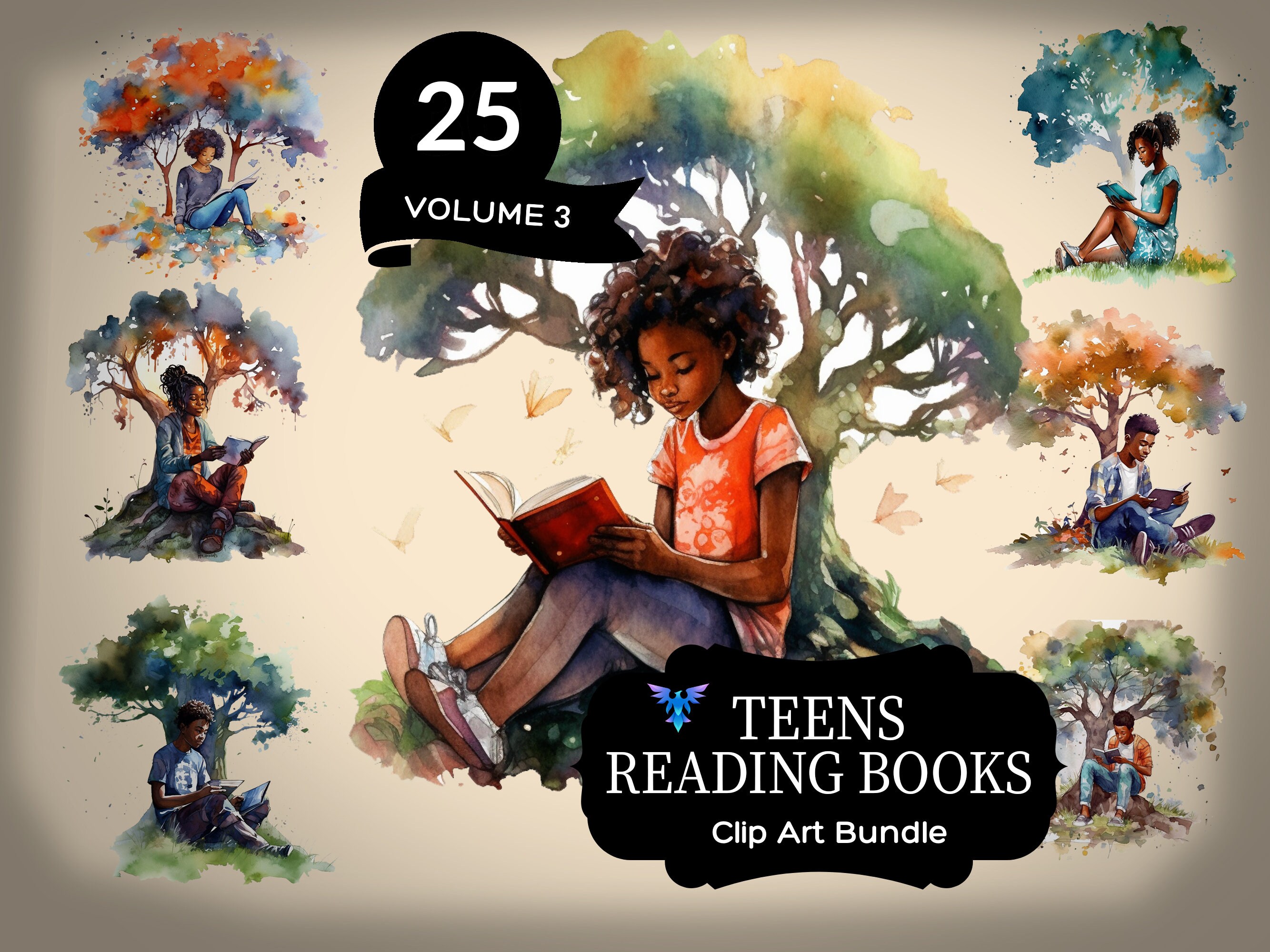 Watercolor Clip Art Teens Reading Books Volume 3 - Etsy