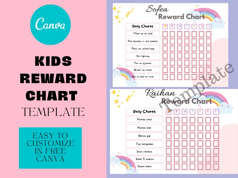 Editable and Printable Reward Chart for Toddler Rainbow Series, Canva ...