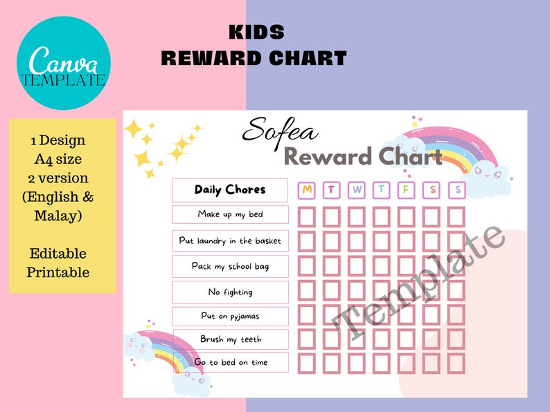 Editable and Printable Reward Chart for Toddler Rainbow Series, Canva ...