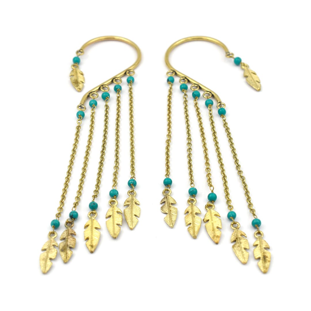 Turquoise Beads Chain Leaf Climber Ear Cuff 18K Gold Plated Waterproof ...