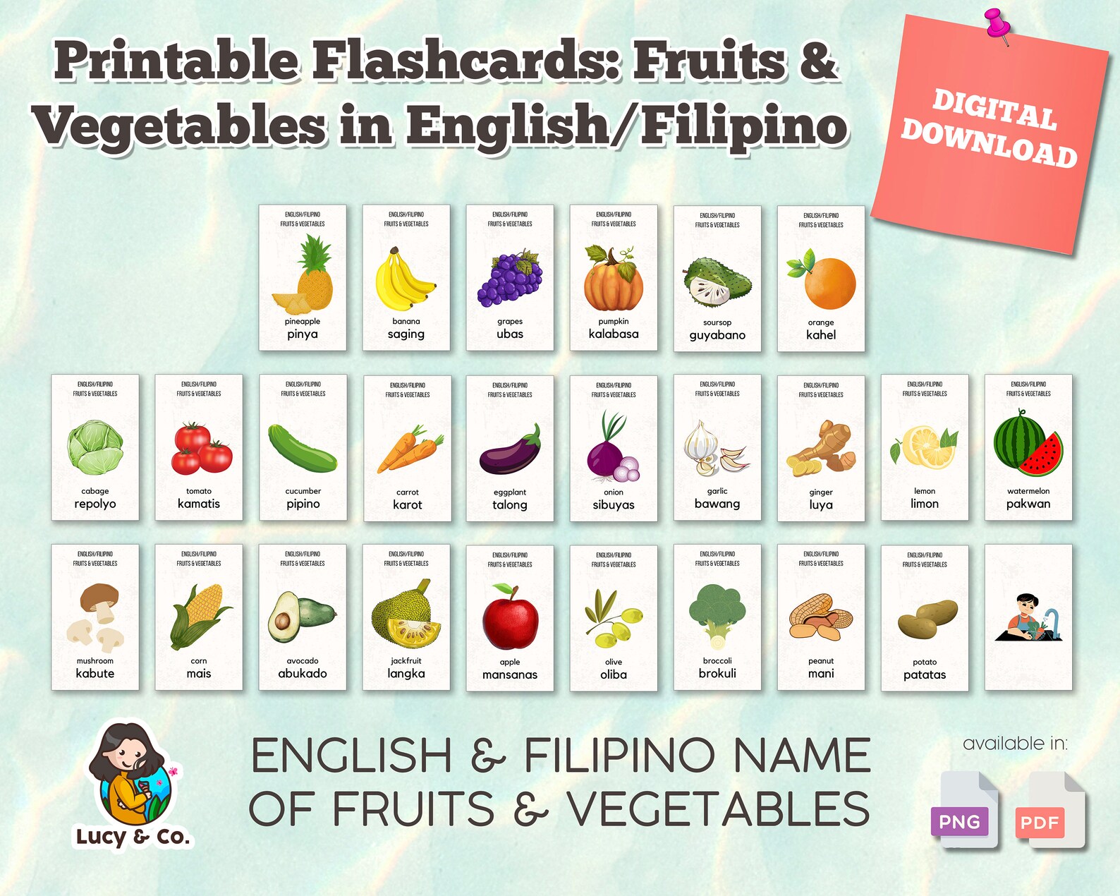 Printable English-filipino Fruits & Vegetables Flashcards for - Etsy