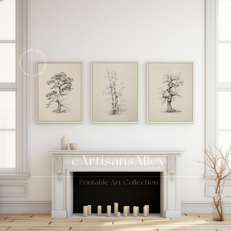 Tree Sketch Art Set | Botanical Wall Art Trio | Vintage Woodland Prints ...