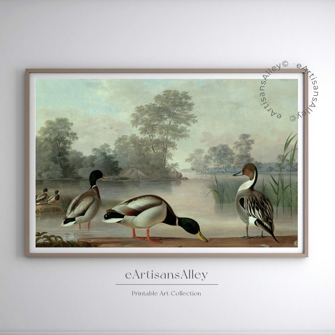 Rustic Lake Ducks Scenery | Digital Art Print | Vintage Duck Painting ...
