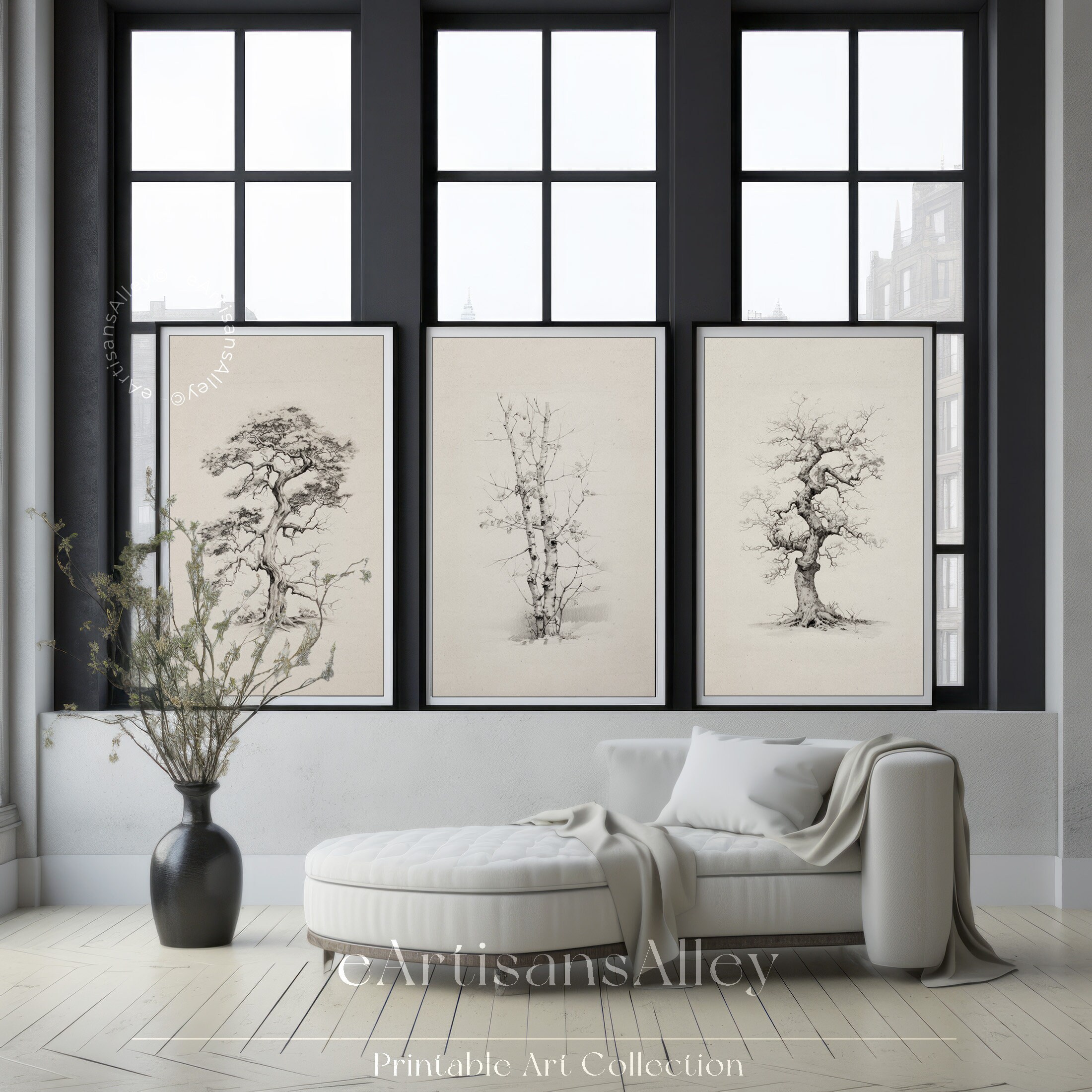 Tree Sketch Art Set | Botanical Wall Art Trio | Vintage Woodland Prints ...