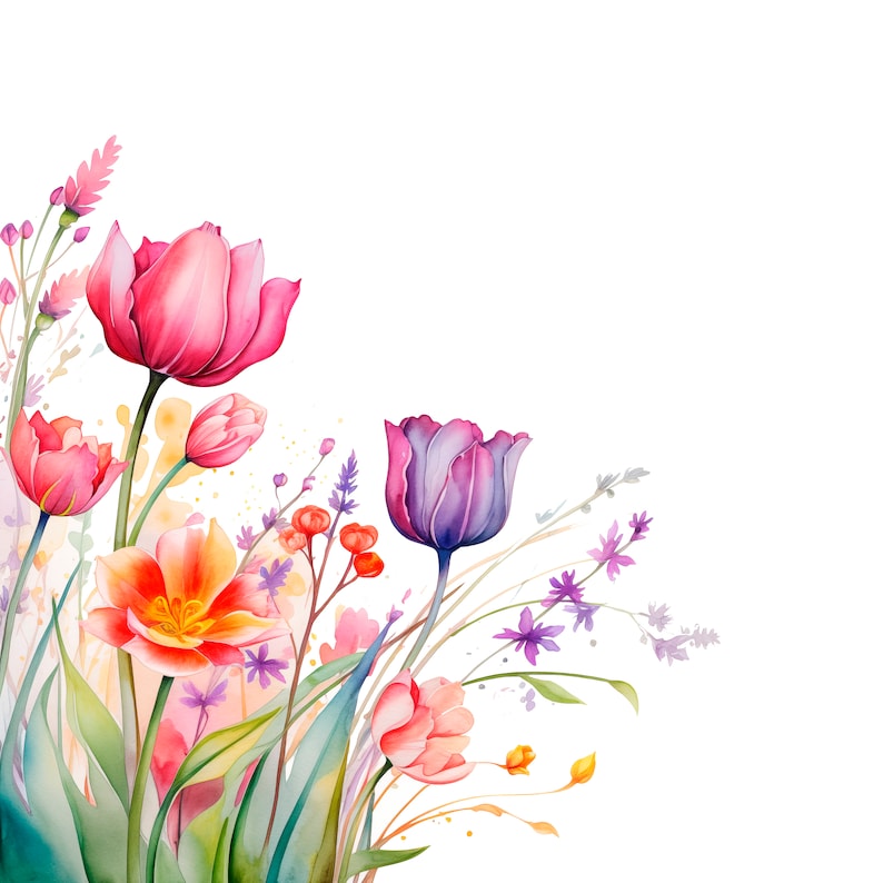 10 Spring Flower Border Clipart, Watercolor Vibrant Flowers PNG ...