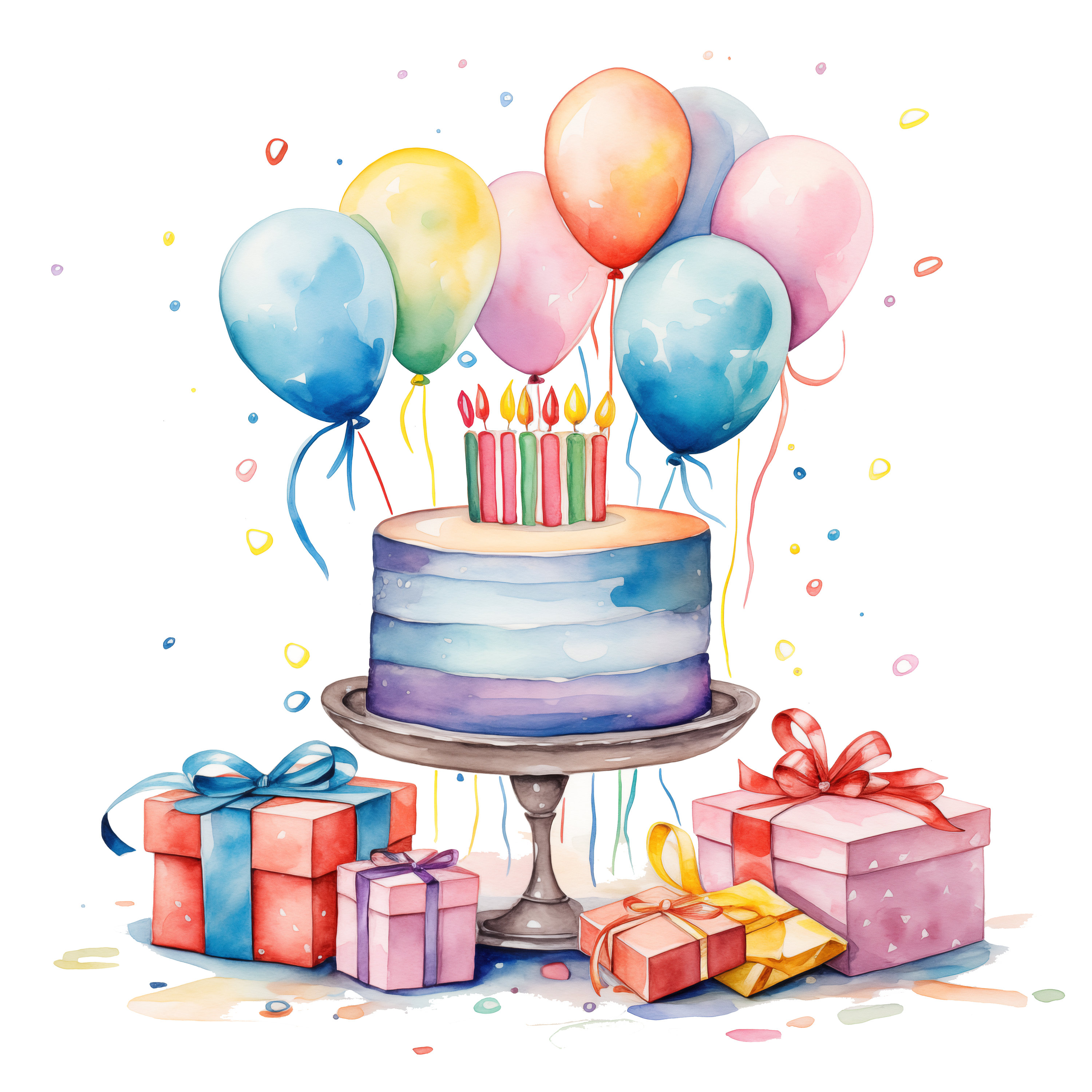 10 Watercolor Birthday Party Cake Present Balloons Clipart Bundle ...