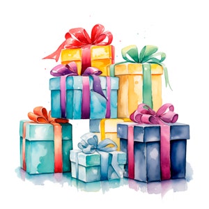 10 Watercolor Birthday Party Cake Present Balloons Clipart Bundle ...