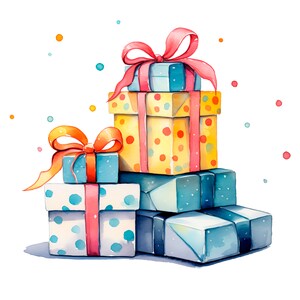 10 Watercolor Birthday Party Cake Present Balloons Clipart Bundle ...