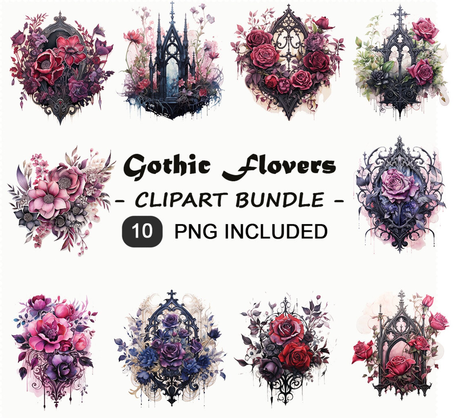 10 PNG Watercolor Gothic Floral Clipart, Magical Gothic Flowers Clip ...