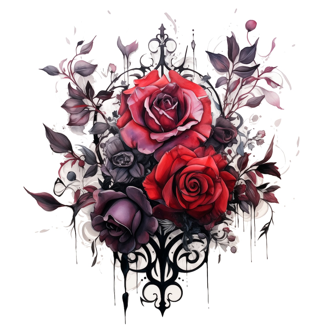 10 PNG Watercolor Gothic Floral Clipart, Magical Gothic Flowers Clip ...