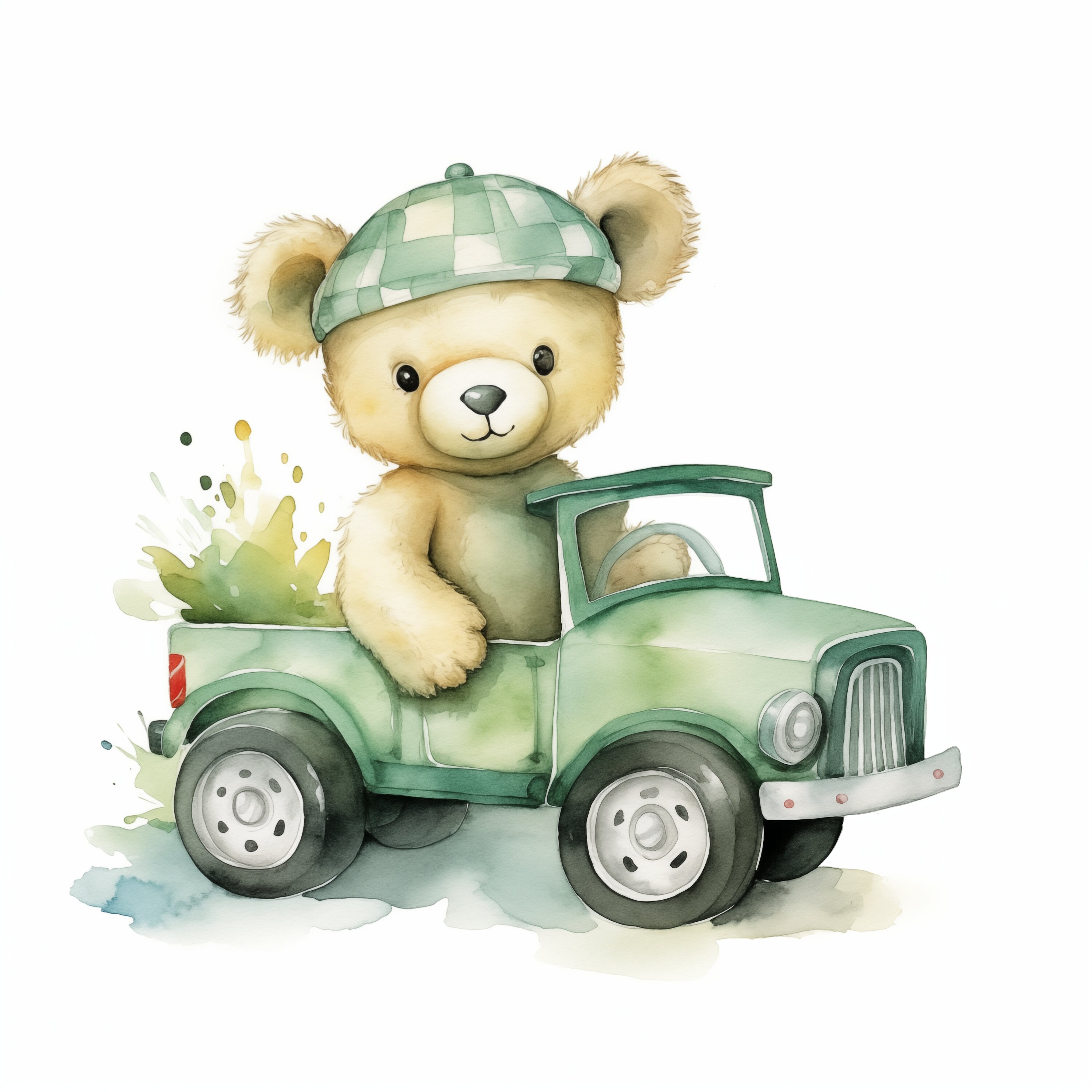 Watercolor Green Teddy Bear Baby Boy - Airplanes - Trucks, Baby Shower ...