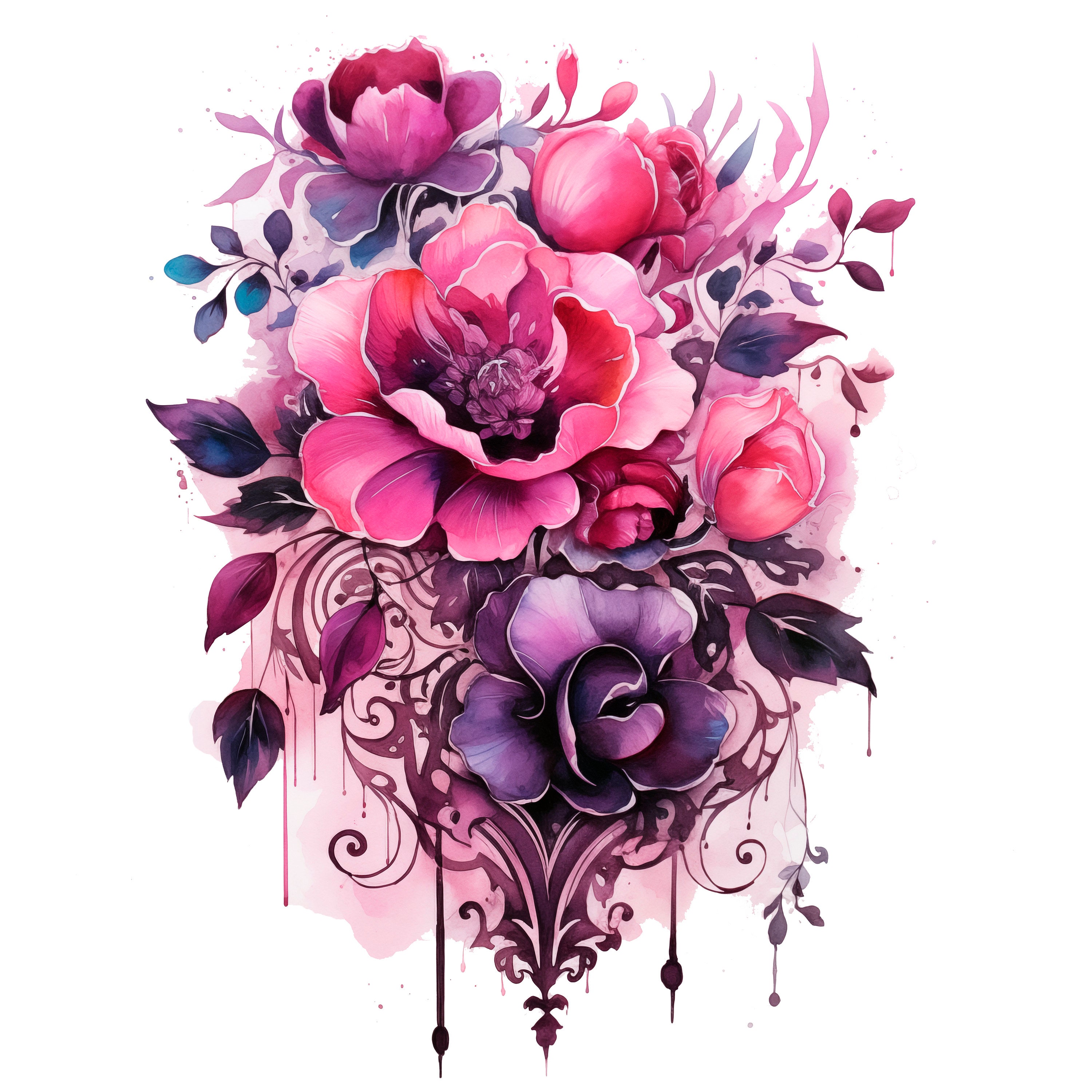 10 PNG Watercolor Gothic Floral Clipart, Magical Gothic Flowers Clip ...