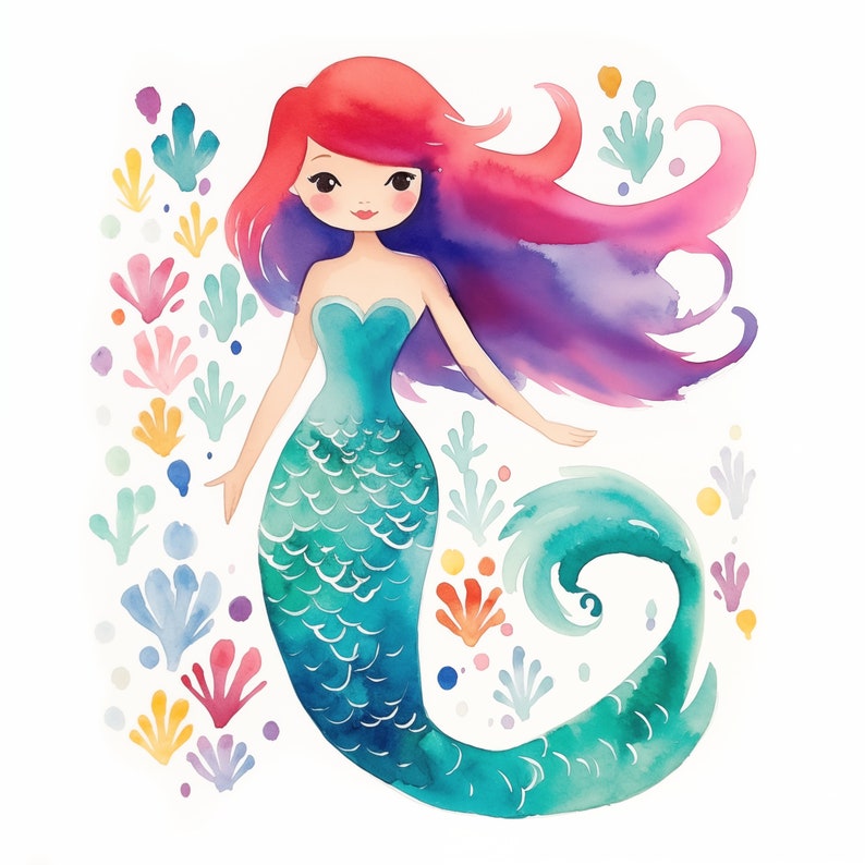 Mermaid Clipart Bundle, Watercolor Cute Mermaid Clipart Png, Sea Life ...