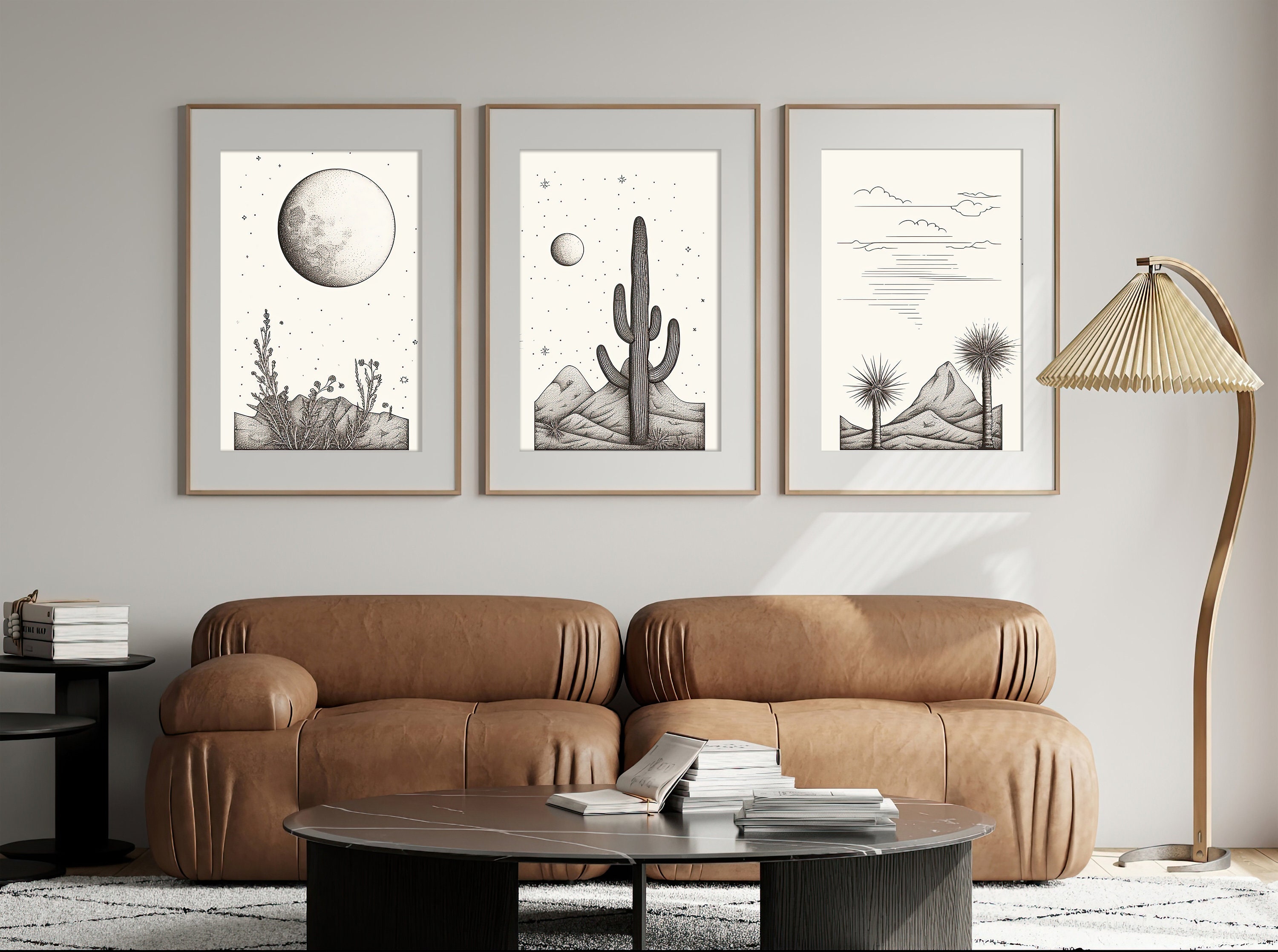 Desert Scene Line Drawing Boho Desert Landscape Triptych - Etsy