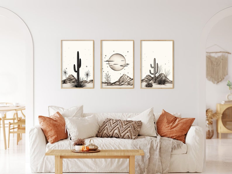 Desert Landscape Line Drawing Boho Triptych Wall Art Desert - Etsy