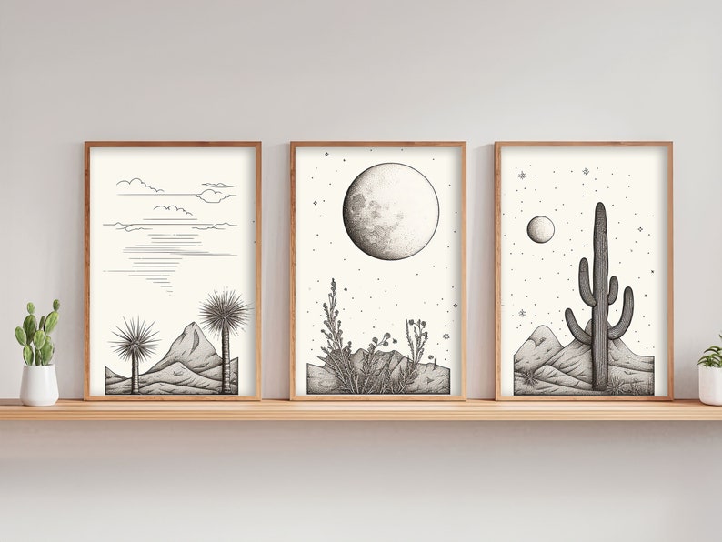 Desert Scene Line Drawing Boho Desert Landscape Triptych - Etsy
