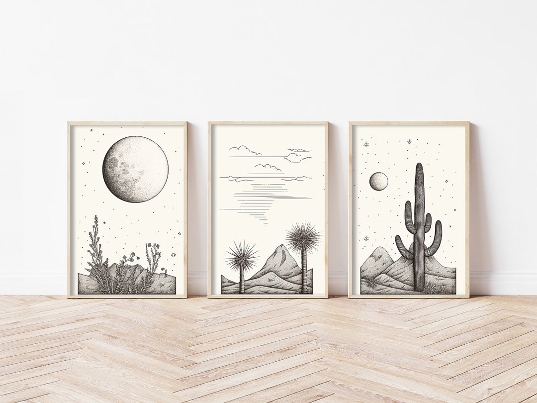 Desert Scene Line Drawing - Boho Desert Landscape Triptych Wall Art ...