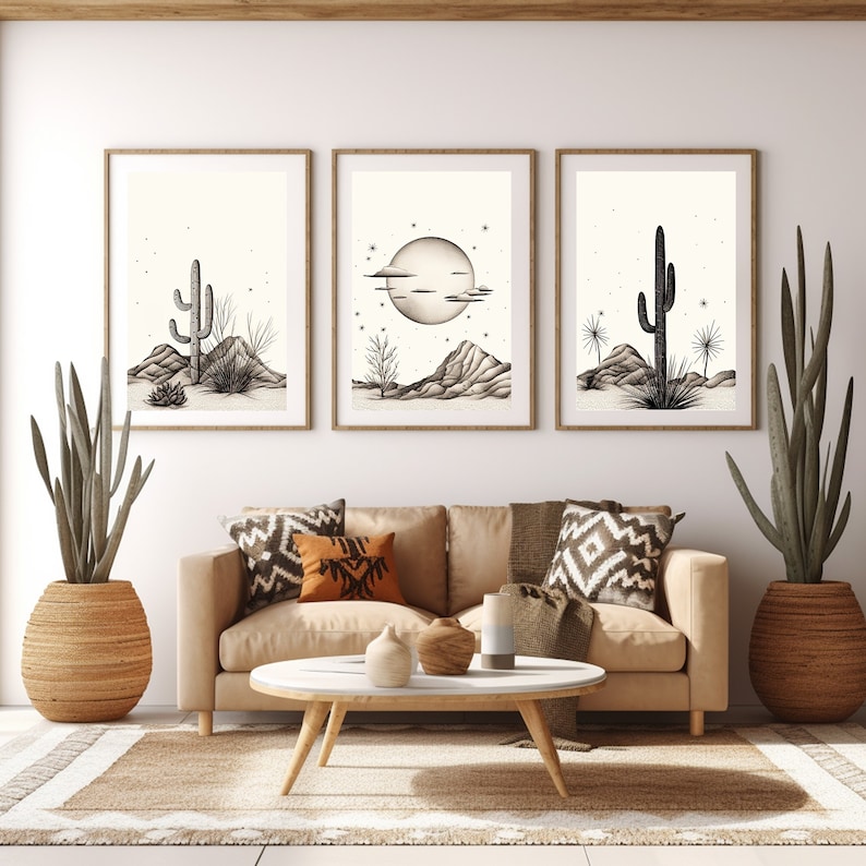 Desert Landscape Line Drawing Boho Triptych Wall Art Desert - Etsy