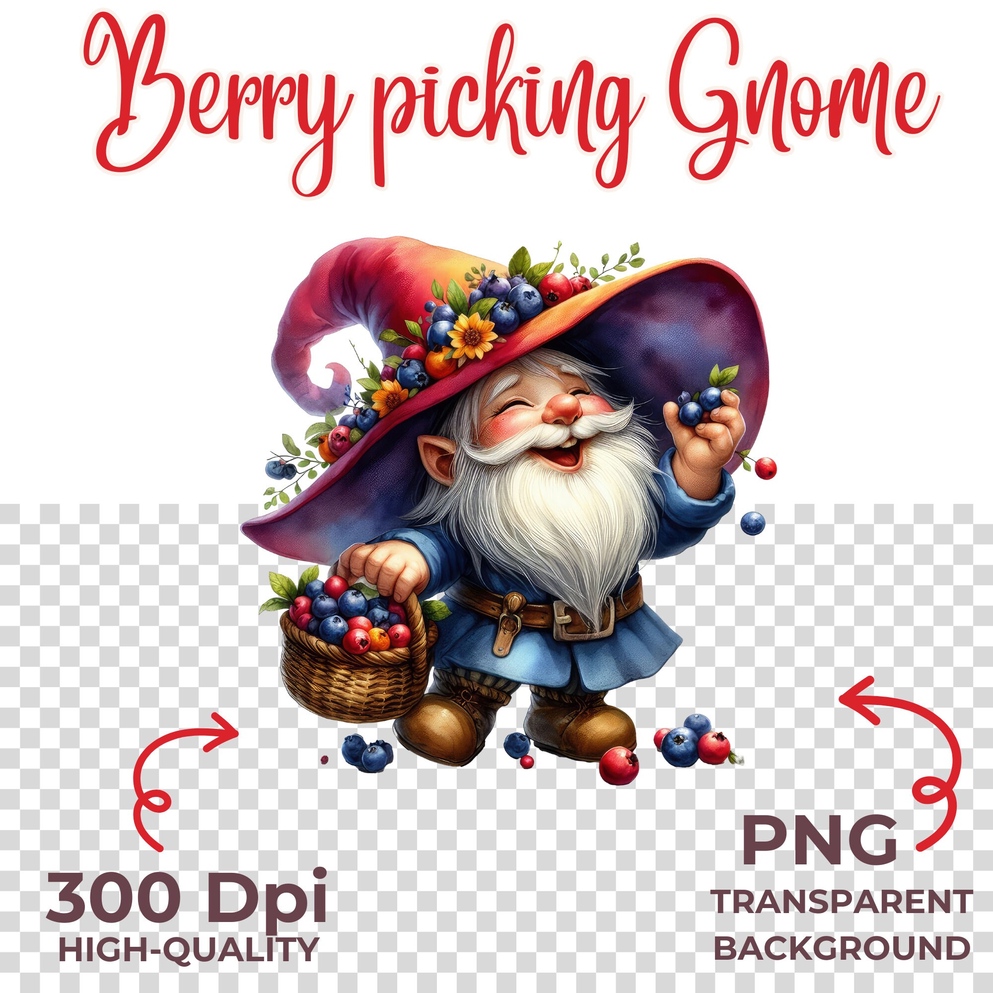 Watercolor Berry Picking Gnome, 20 PNG Enchanted Forest Berry Picking ...