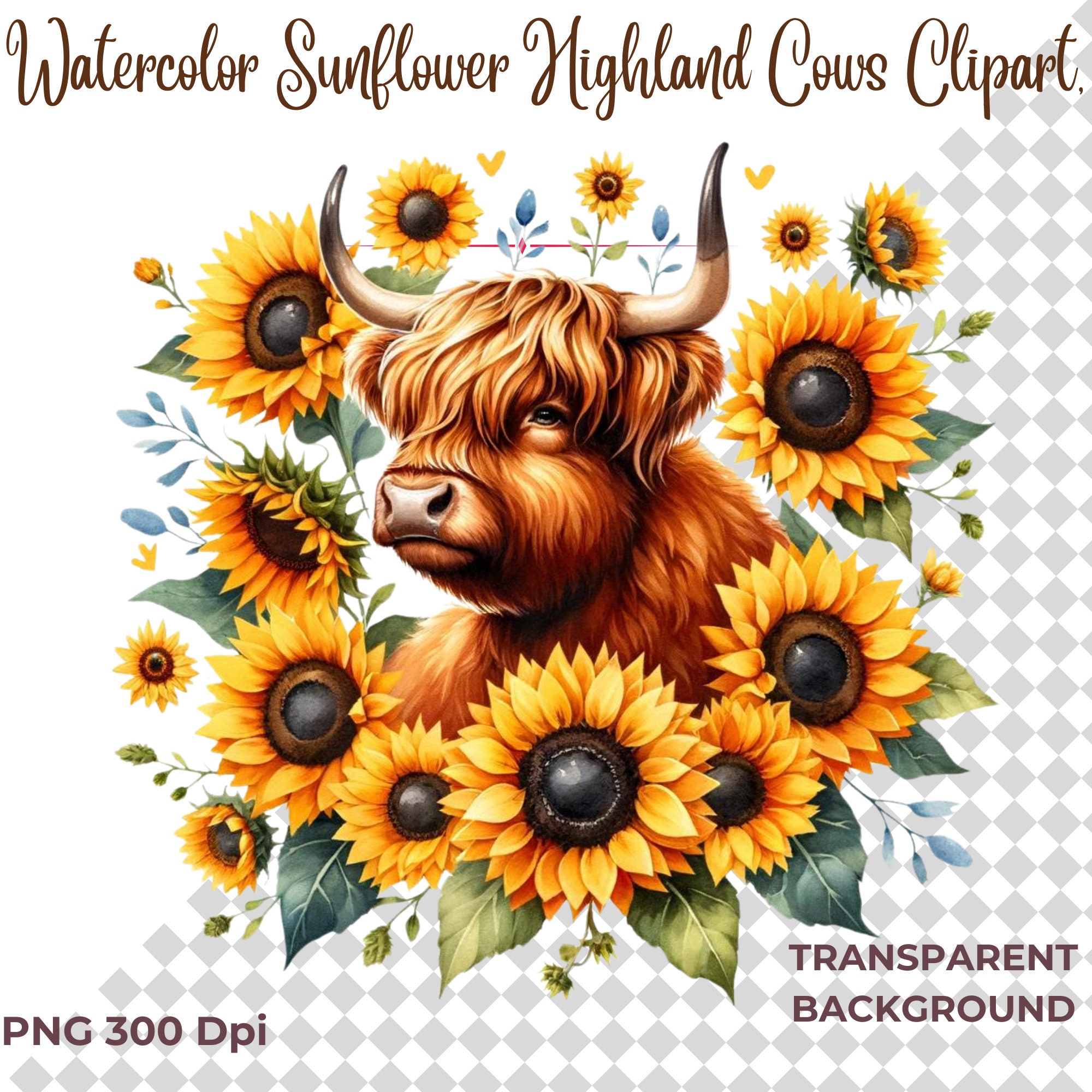 Watercolor Sunflower Highland Cows Clipart, 20 PNG Sunflowers Clipart ...