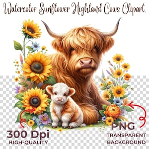 Watercolor Sunflower Highland Cows Clipart, 20 PNG Sunflowers Clipart ...