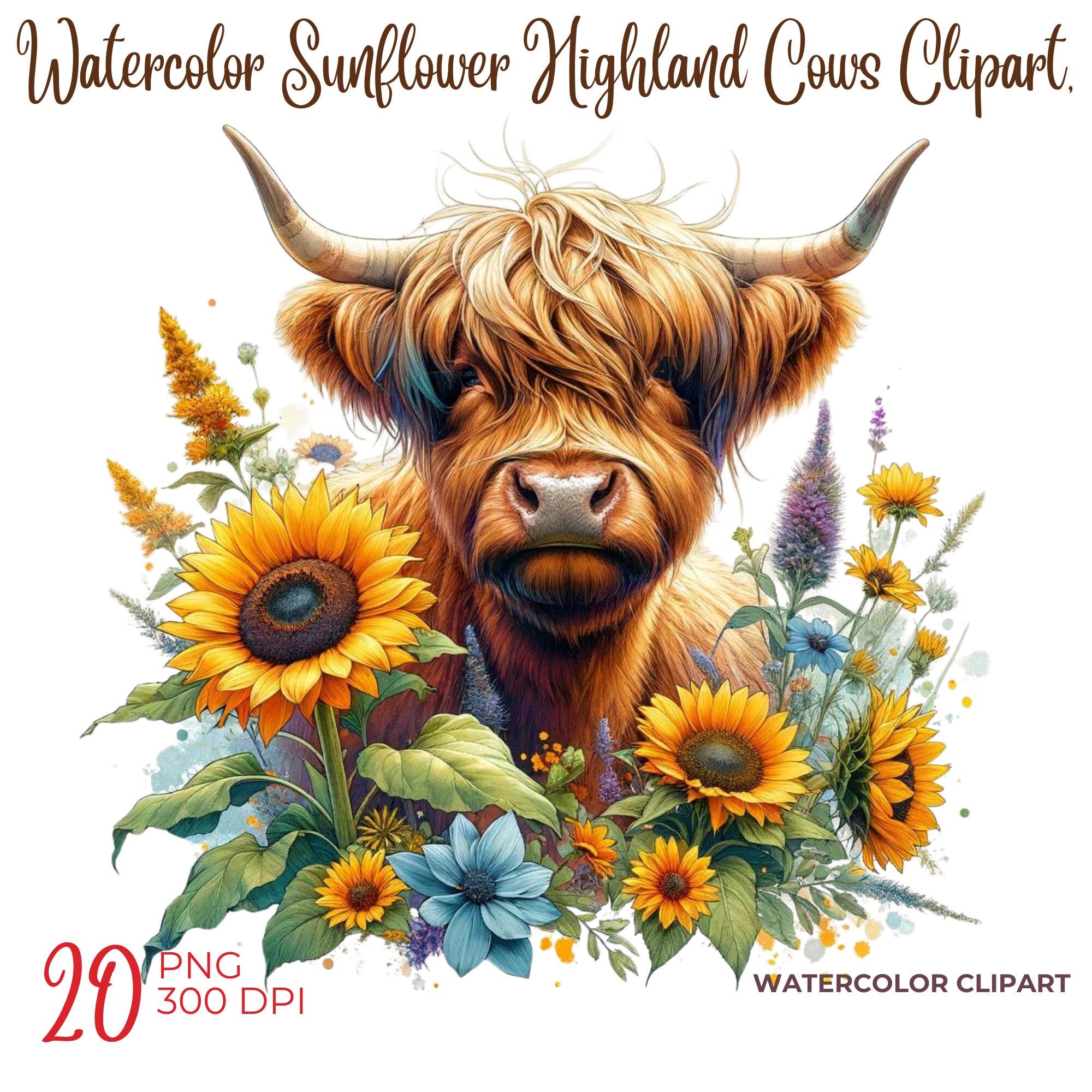 Watercolor Sunflower Highland Cows Clipart, 20 PNG Sunflowers Clipart ...