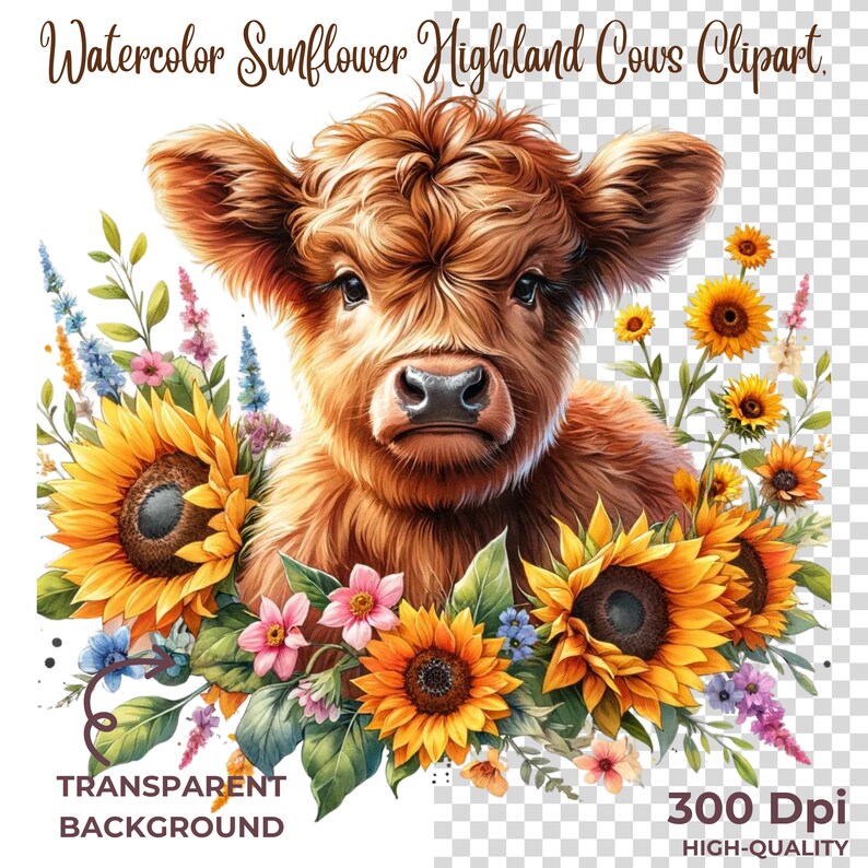 Watercolor Sunflower Highland Cows Clipart, 20 PNG Sunflowers Clipart ...