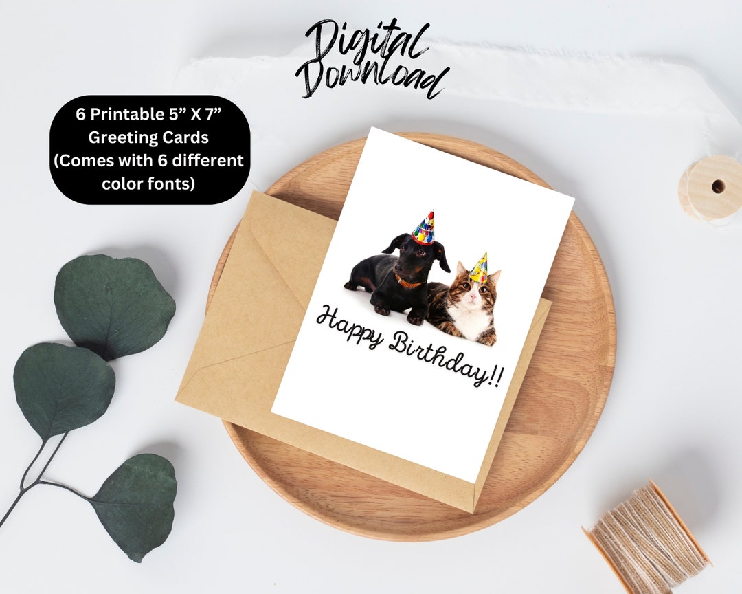 Printable Birthday Card / Happy Birthday Card With Cat and Dog ...