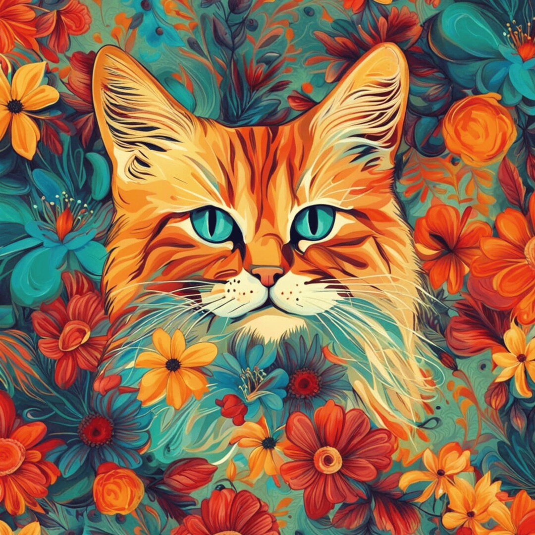 Flowery Cat 2 Digital Art Prints AI Generated Printable Wall - Etsy