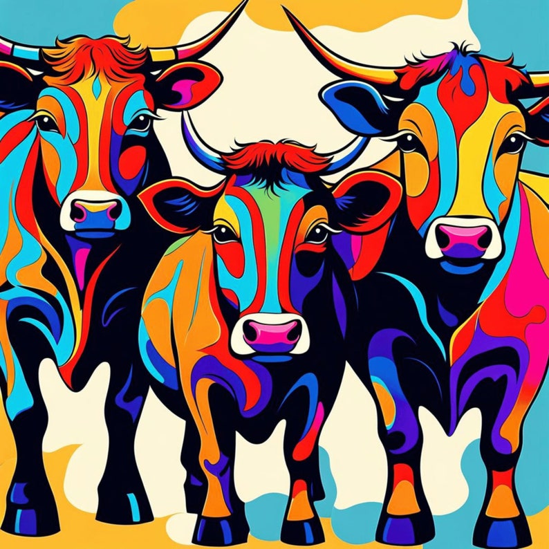Three Colorful Bulls Art Print AI Generated Printable Wall Art Handmade ...