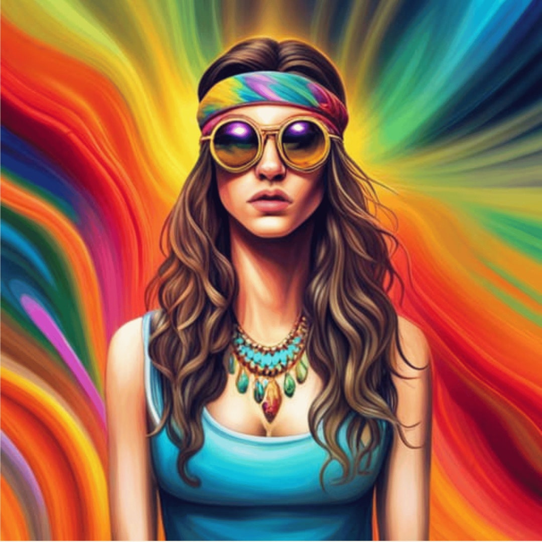 Colorful Hippie Chick Woman Digital Art Prints AI Generated Printable ...