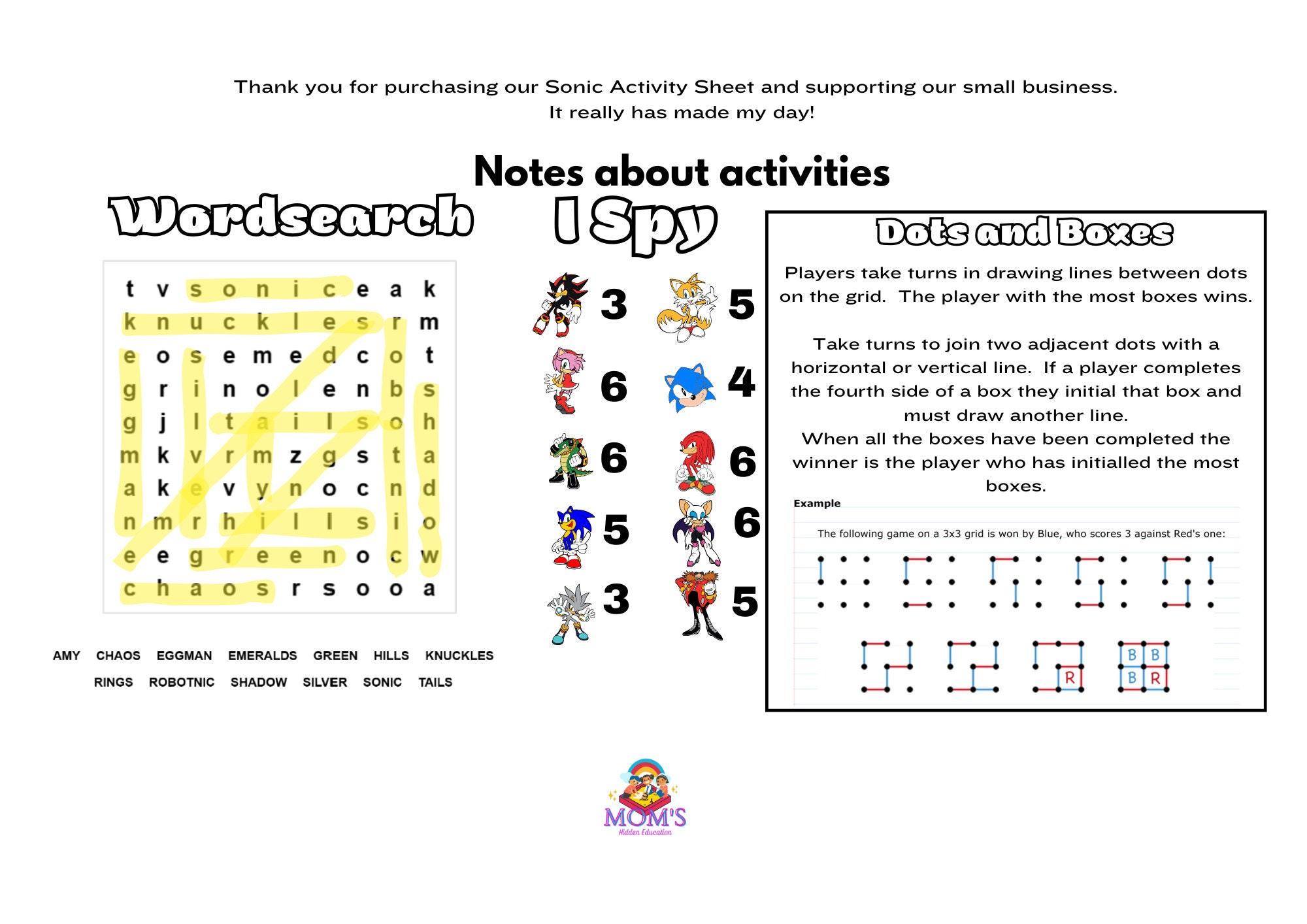 Personalised Sonic the Hedgehog Activity Sheet/placemat Digital ...