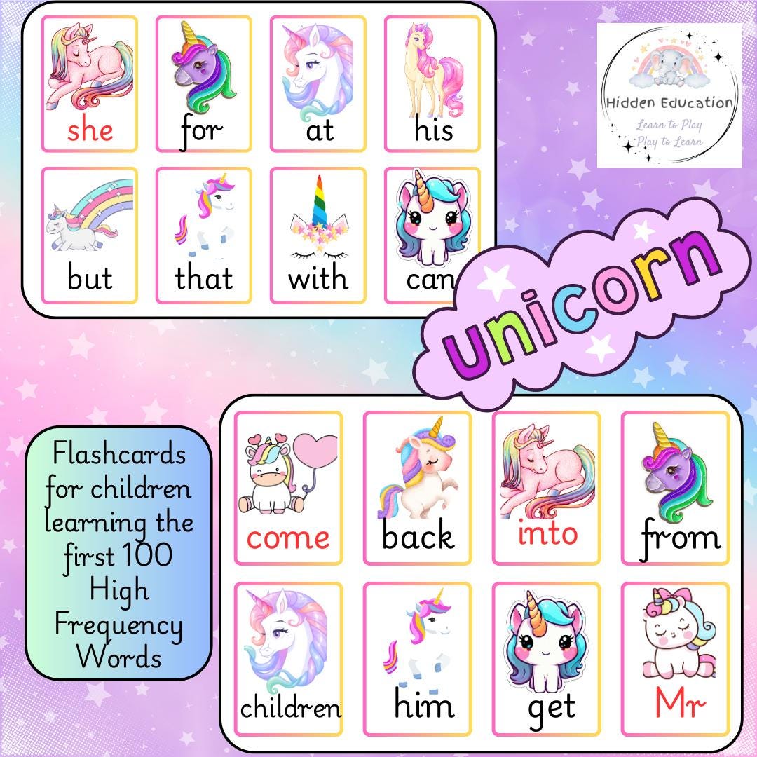 100 High Frequency Words | Unicorns | Instant Download - Etsy