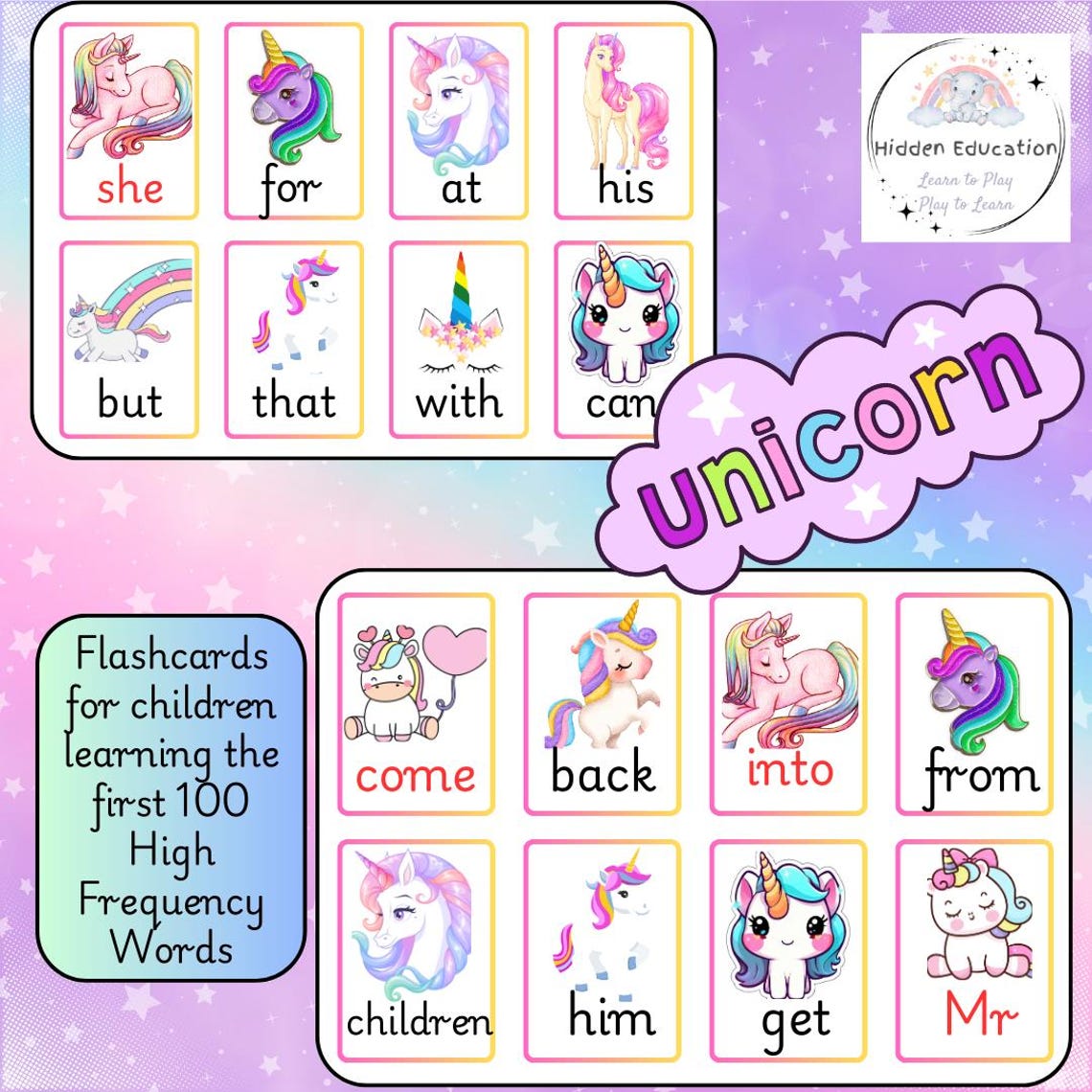 100 High Frequency Words | Unicorns | Instant Download - Etsy