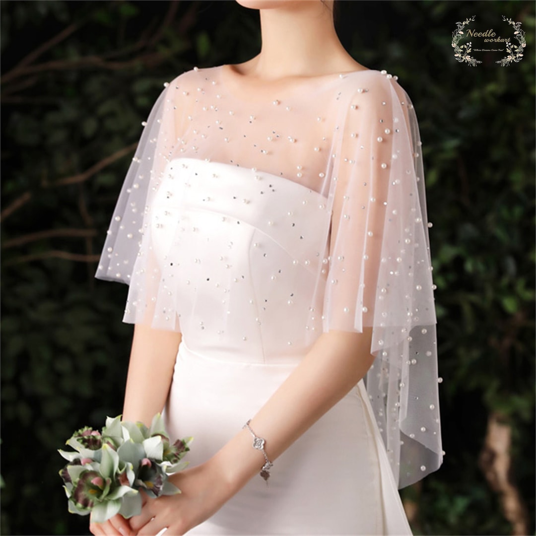 Wedding Pearl Shrug Bridal Shawl, Tulle Shawl With Pearls, Women Bolero ...