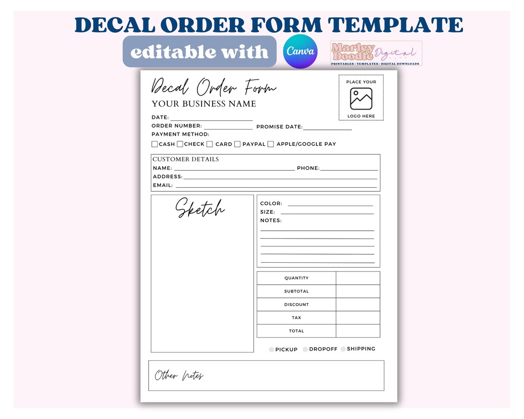 Editable Decal Order Form Template: Printable Fillable Form (8.5”x11 ...