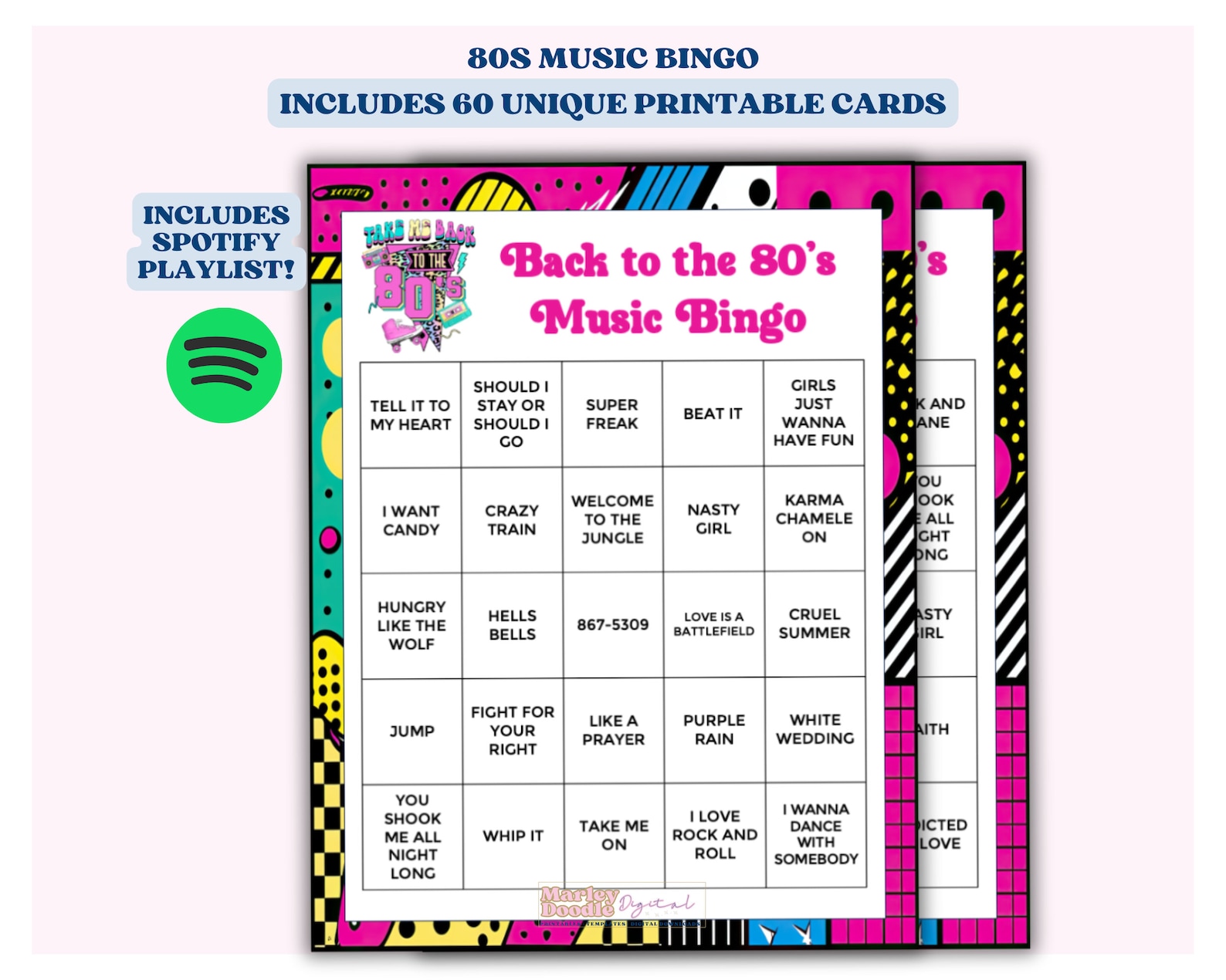 80s Music Bingo: 60 Printable Cards, 80s Party Game Includes Spotify ...