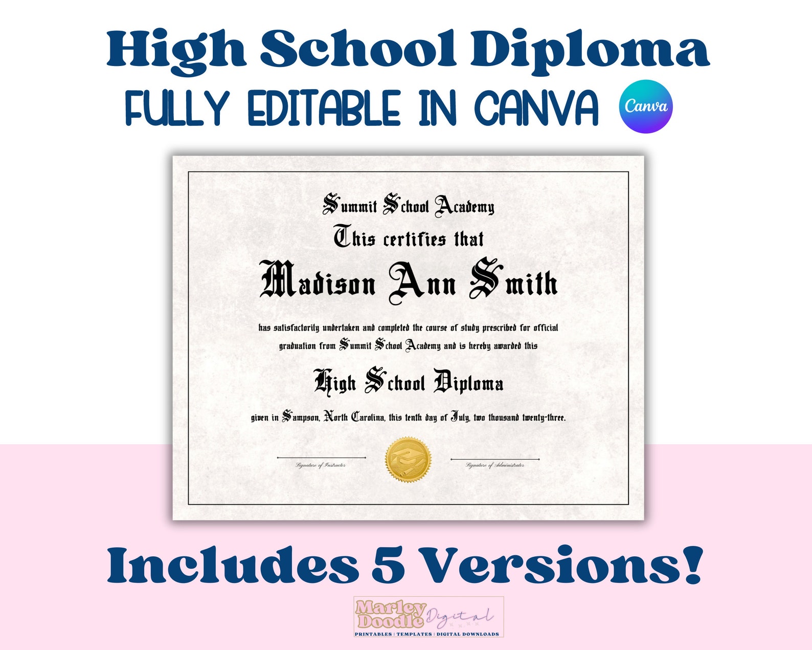 Editable High School Diploma Template With Gold Seal (digital Download ...
