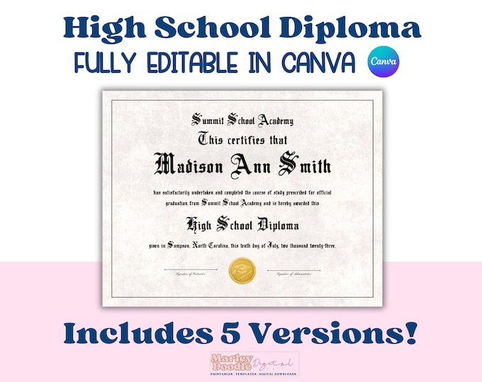 Personalized Diploma Template, Editable High School Diploma, Graduation ...