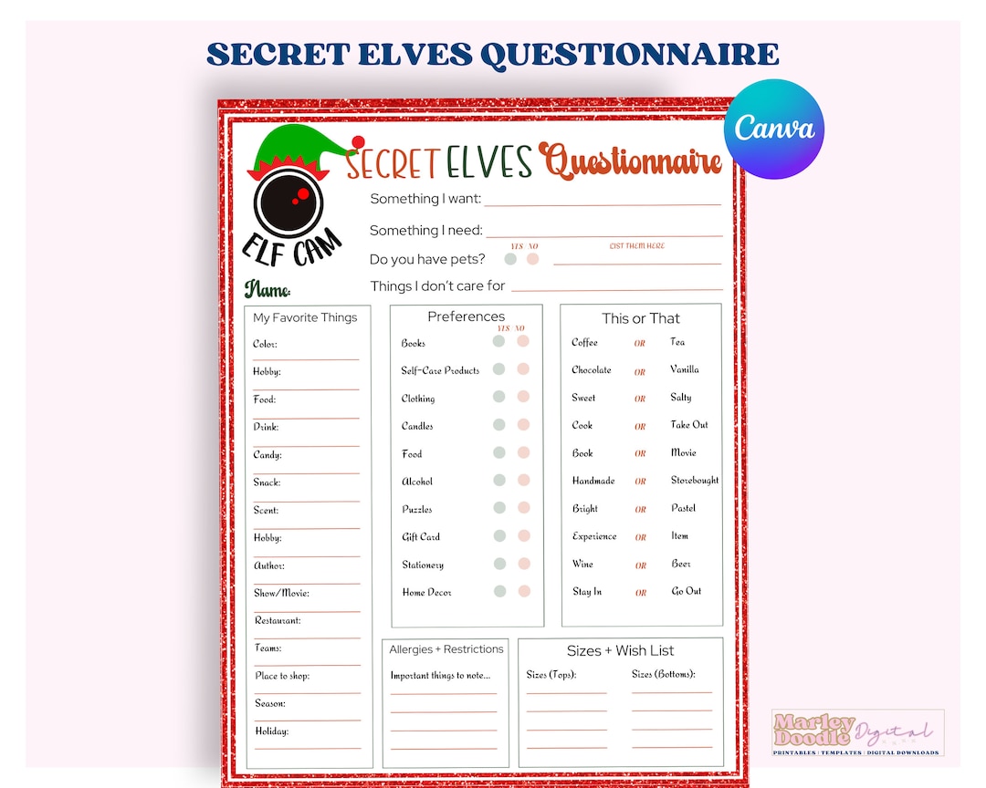 Editable Secret Holiday Elves Gift Exchange Questionnaire, Christmas ...
