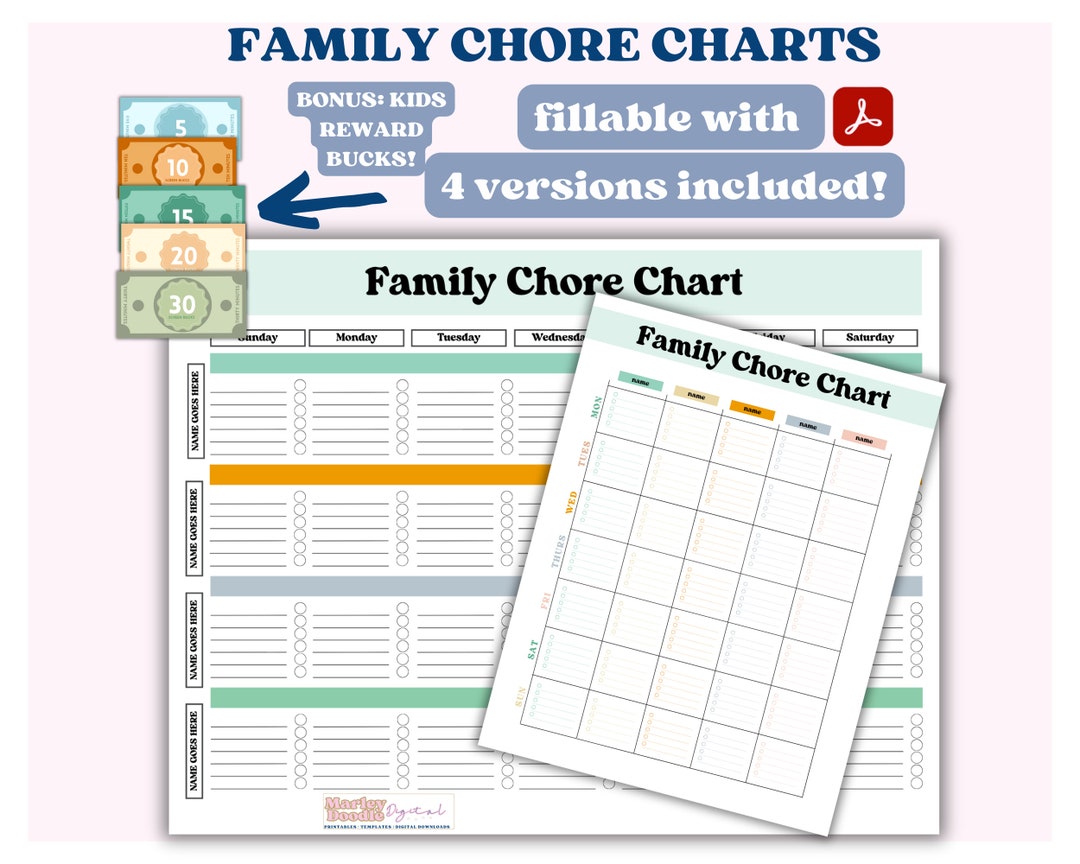 Editable Family Chore Chart With Reward Bucks (digital Download) - Etsy