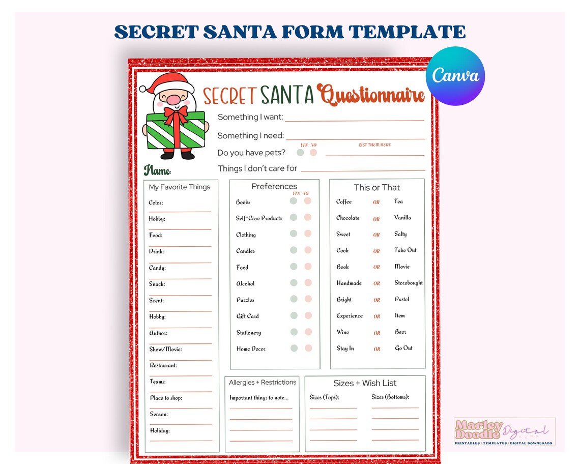 Editable Secret Santa Questionnaire: Christmas Party Gift Exchange ...