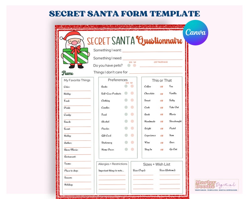 Editable Secret Santa Questionnaire: Christmas Party Gift Exchange ...