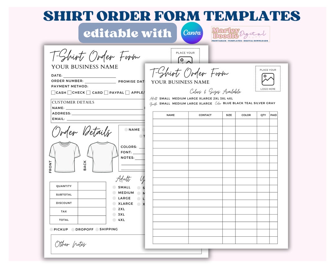 Editable Shirt Order Form Template, Printable Tshirt Order Forms ...