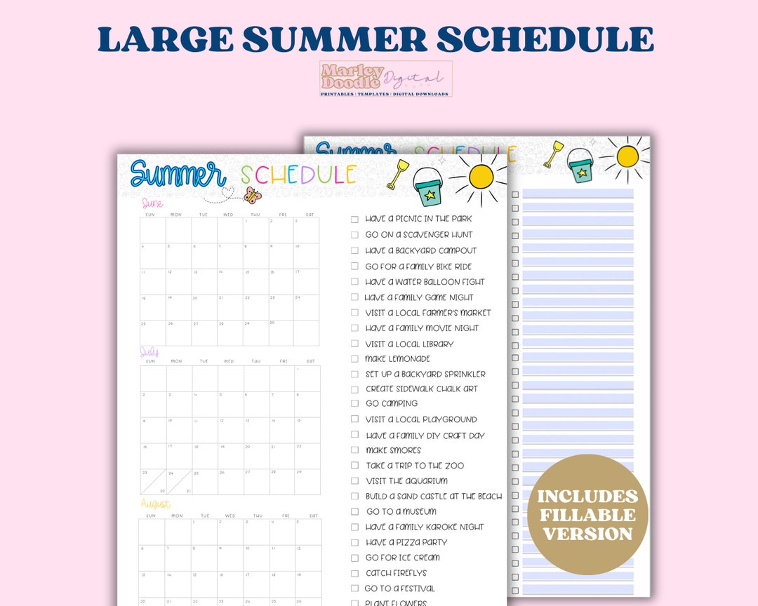 Editable Summer Schedule Calendar for Kids With Summer Activities - Etsy