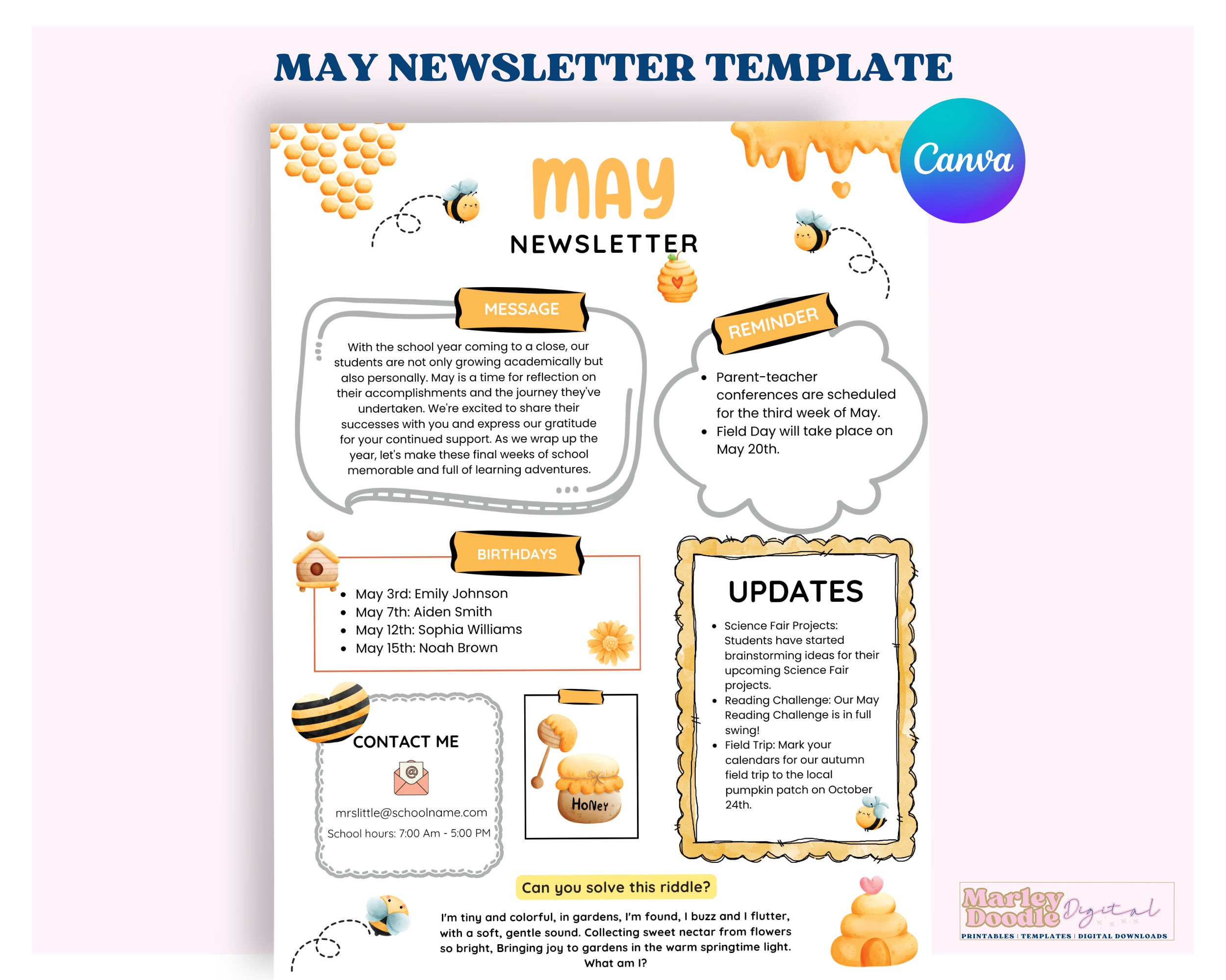 May Bee Newsletter Template: School, Teacher, PTO (canva, Digital ...