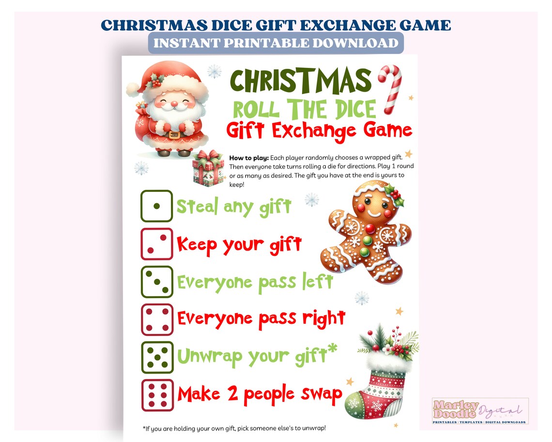 Christmas Gift Exchange Dice Game, Secret Santa, Roll the Dice Holiday ...