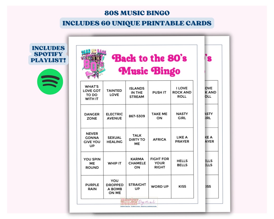 80s Music Bingo: 60 Printable Cards, Spotify Playlist (digital Download ...