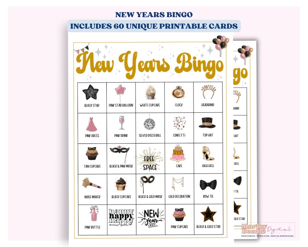 New Years Bingo With 60 Unique Printable Bingo Cards, Printable NYE ...
