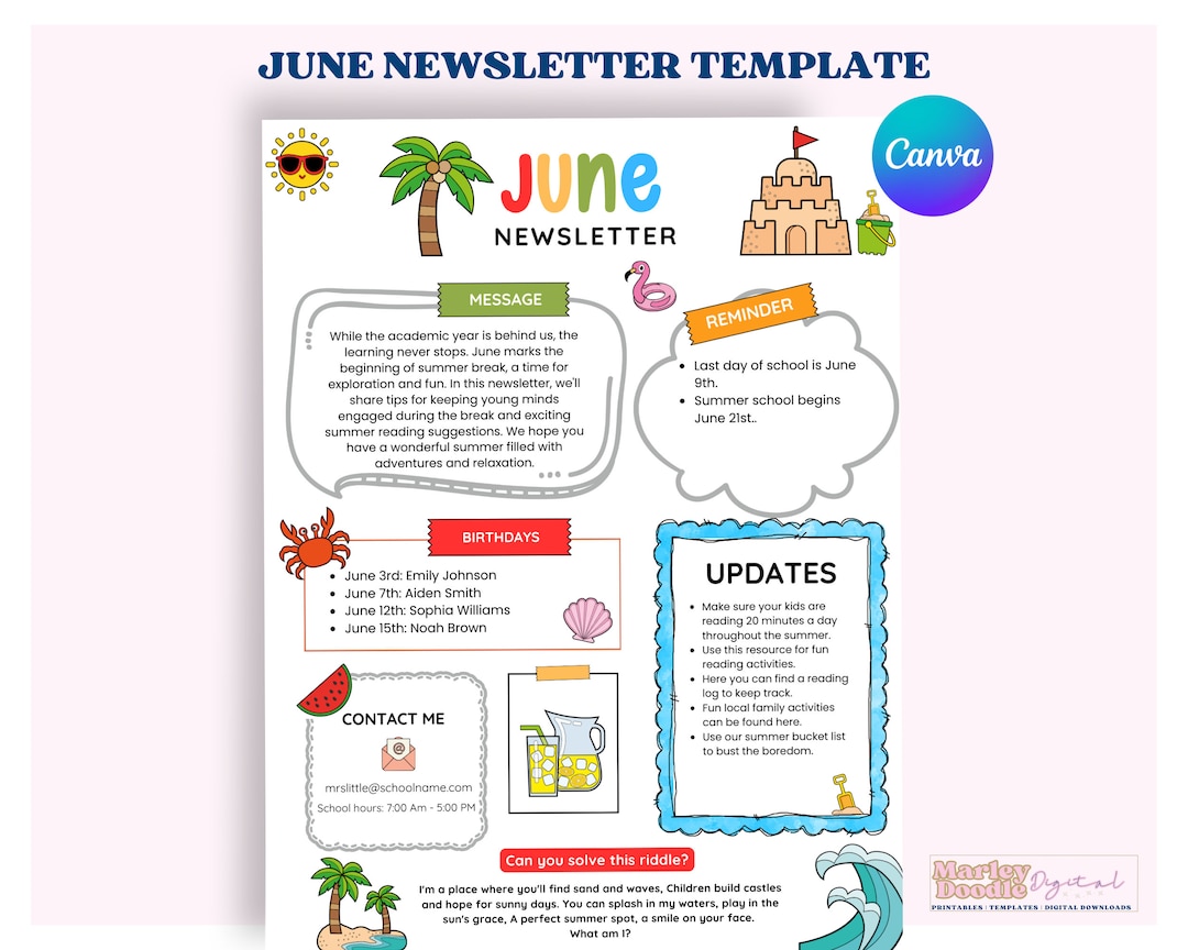 June Summer Newsletter Template: Editable Canva Design (digital ...